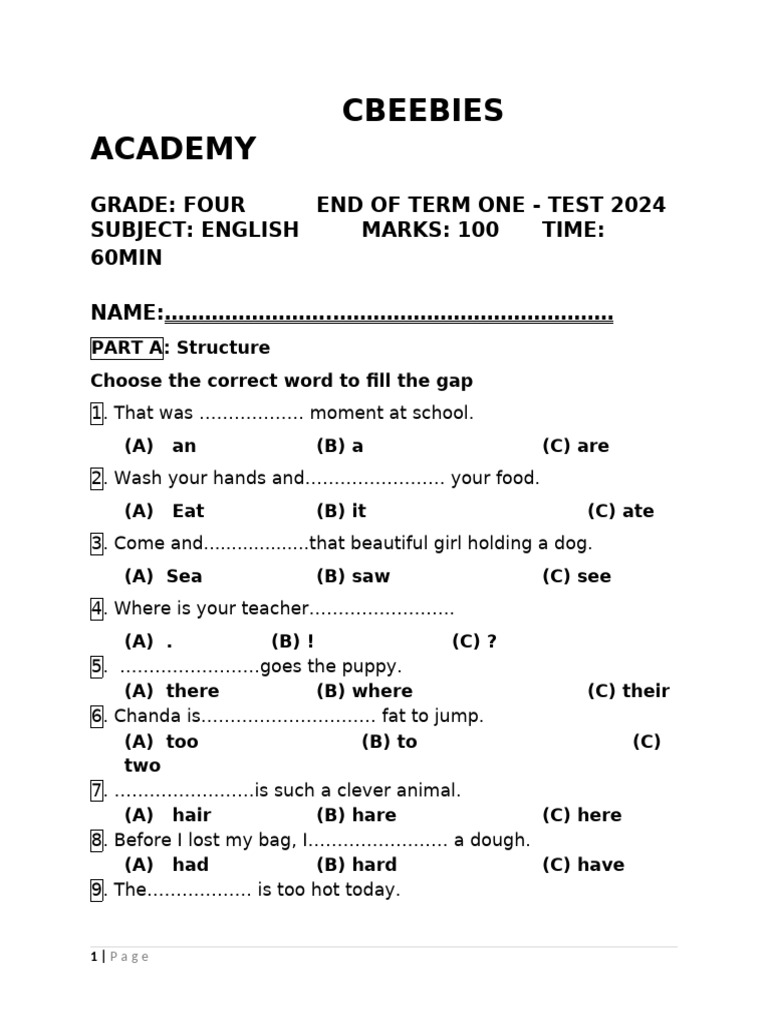 2025 G4 English Test Term 1 | PDF | Linguistics