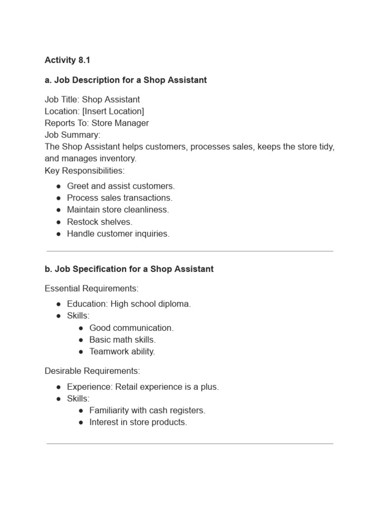 Shop Assistant Job Description & Specs | PDF