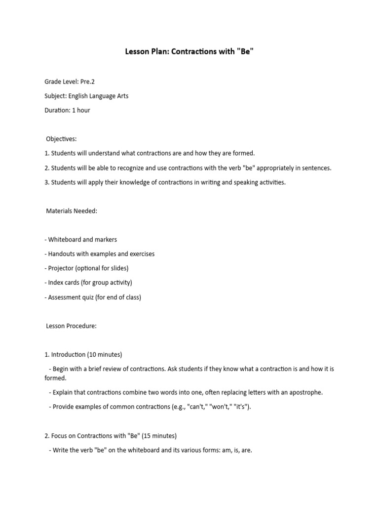 Lesson Plan Pre.2 Contractions With Be | PDF | Learning | Cognitive Science
