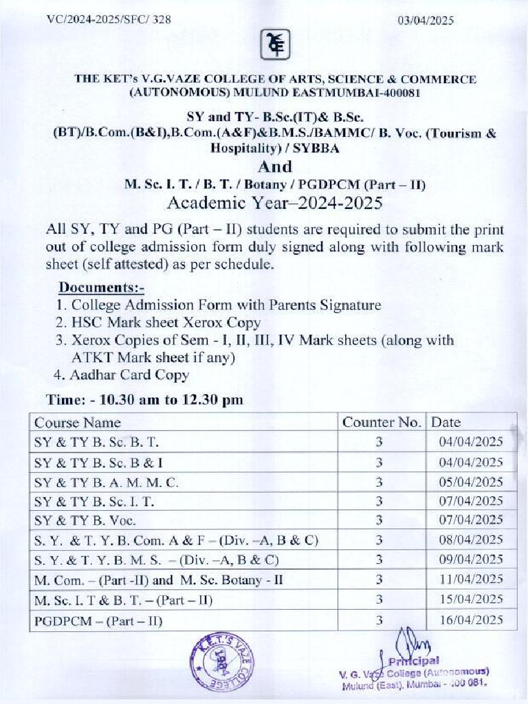 Notice For SY & TY Students For Admisson Form & Marksheet Submission in Year 2024-2025 - 0001 | PDF