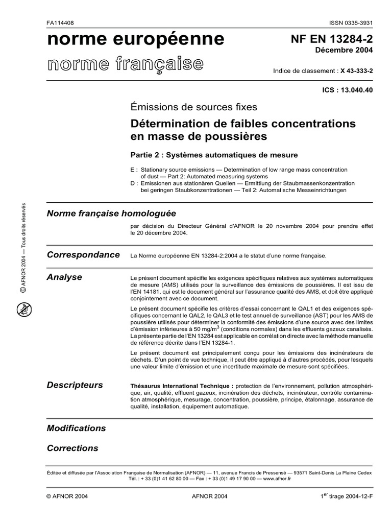 Norme NF EN 13284-2: Mesure de poussières | PDF