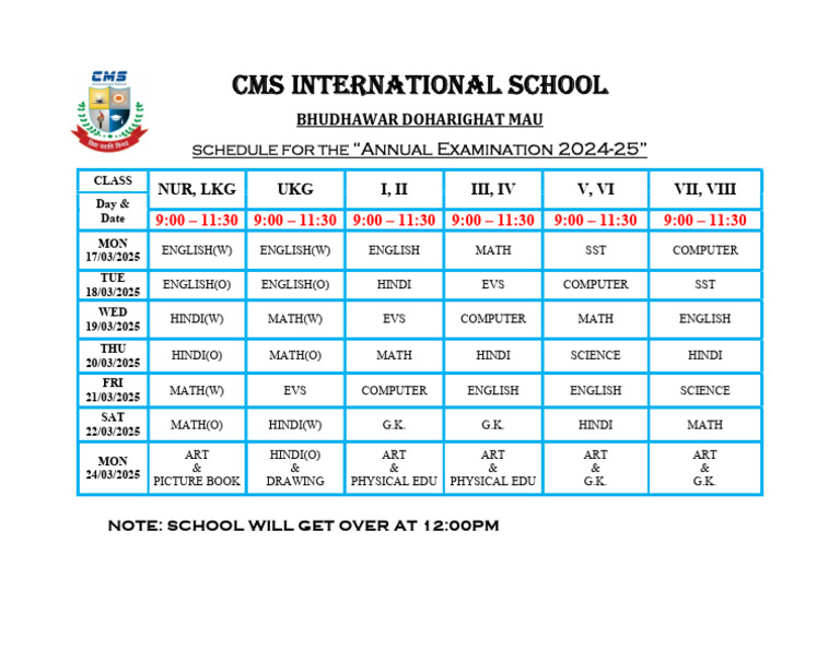 CMS International School Exam Schedule 2024-25 | PDF