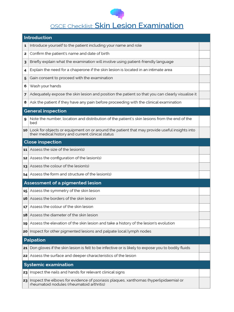 OSCE Checklist Skin Lesion Examination | PDF