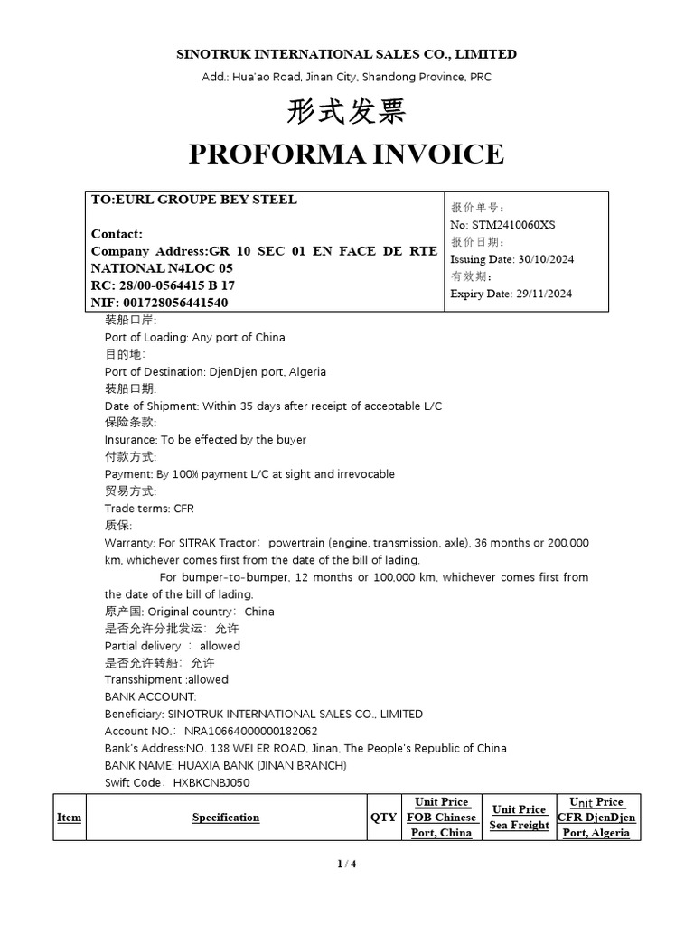 1_sitrak 540ps and 42 Tractor Truck Proforma Invoice | PDF | Truck ...