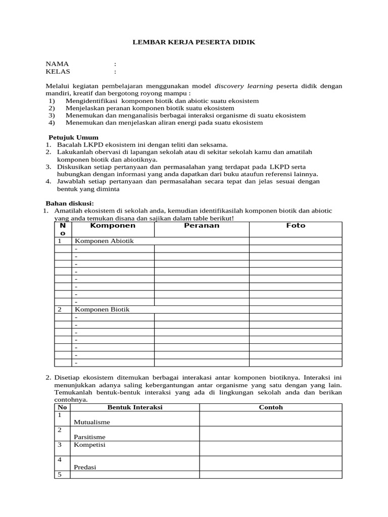 LKPD Discovery Learning Biologi Ekosistem | PDF