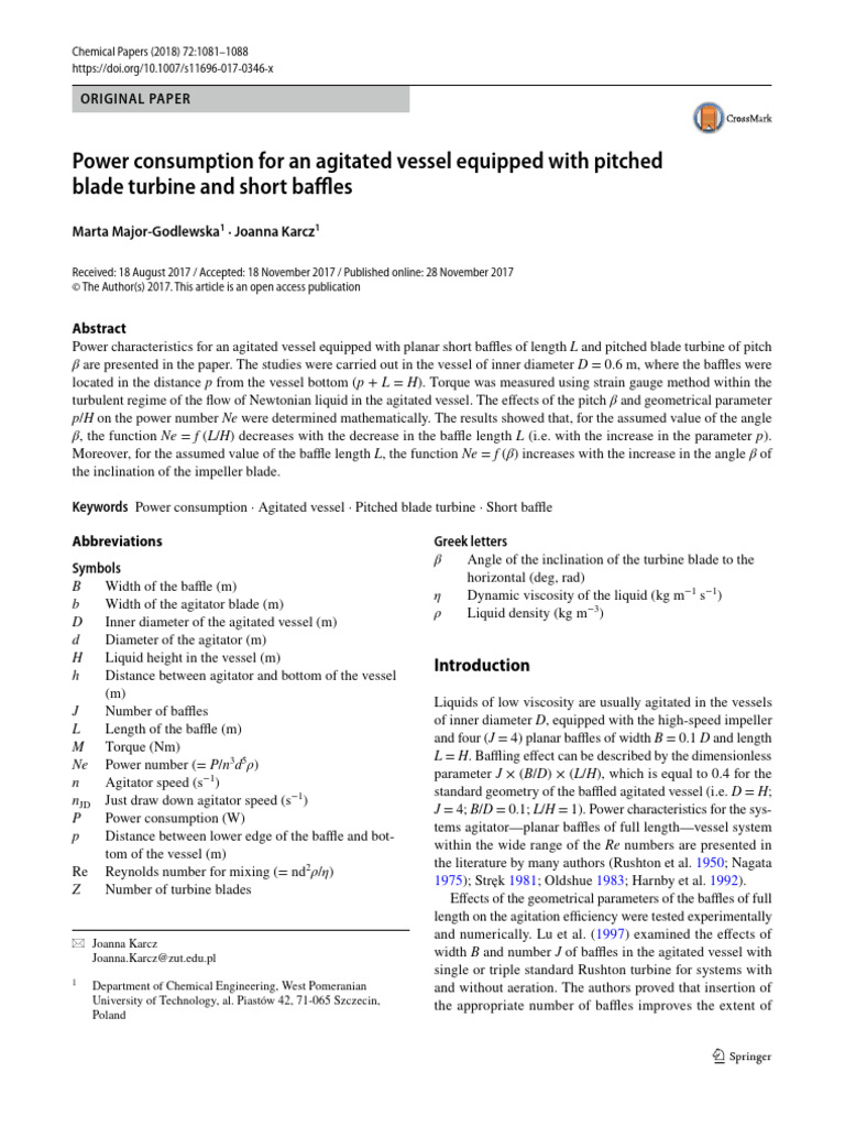 Power Consumption For An Agitated Vessel Equipped With Pitched Blade ...