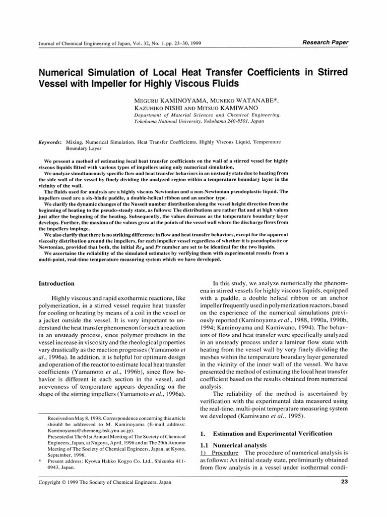 Numerical Simulation of Local Heat Transfer Coefficients in Stirred Vessel With Impeller For ...