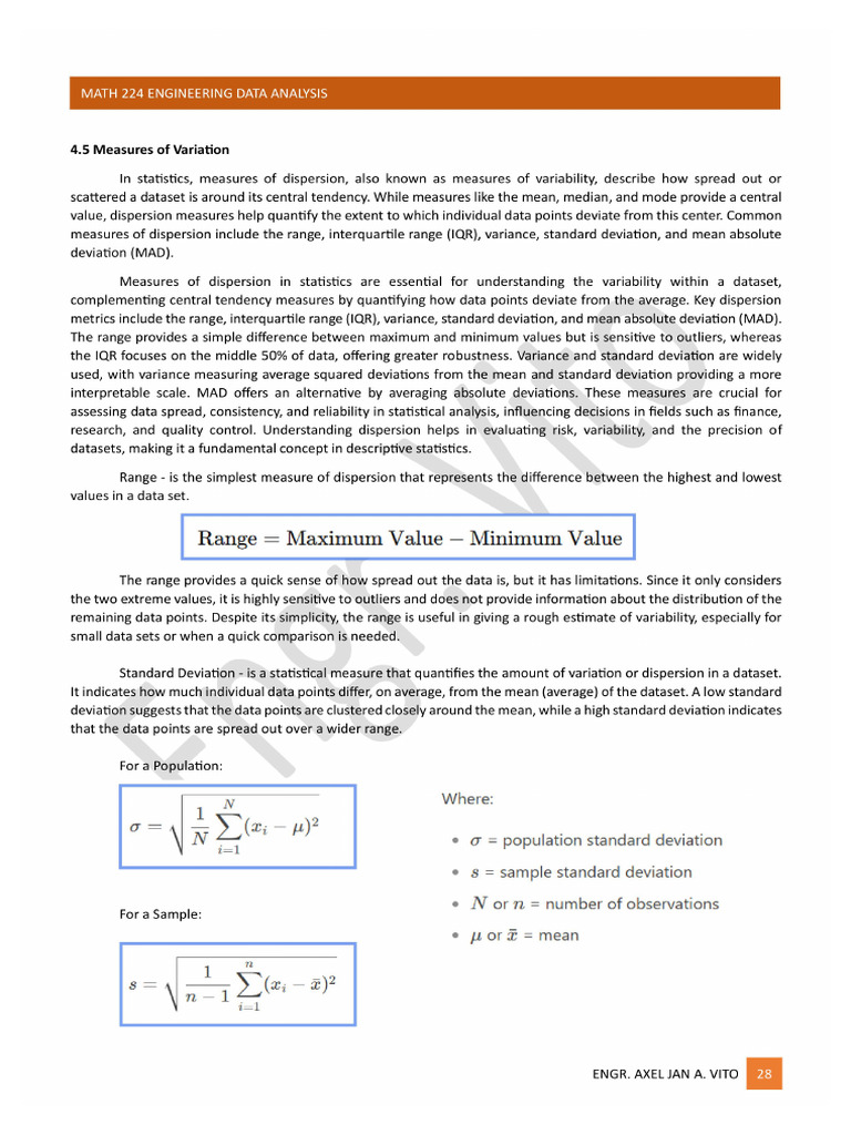 Measures of Variation Range Standard Deviation Variance | PDF