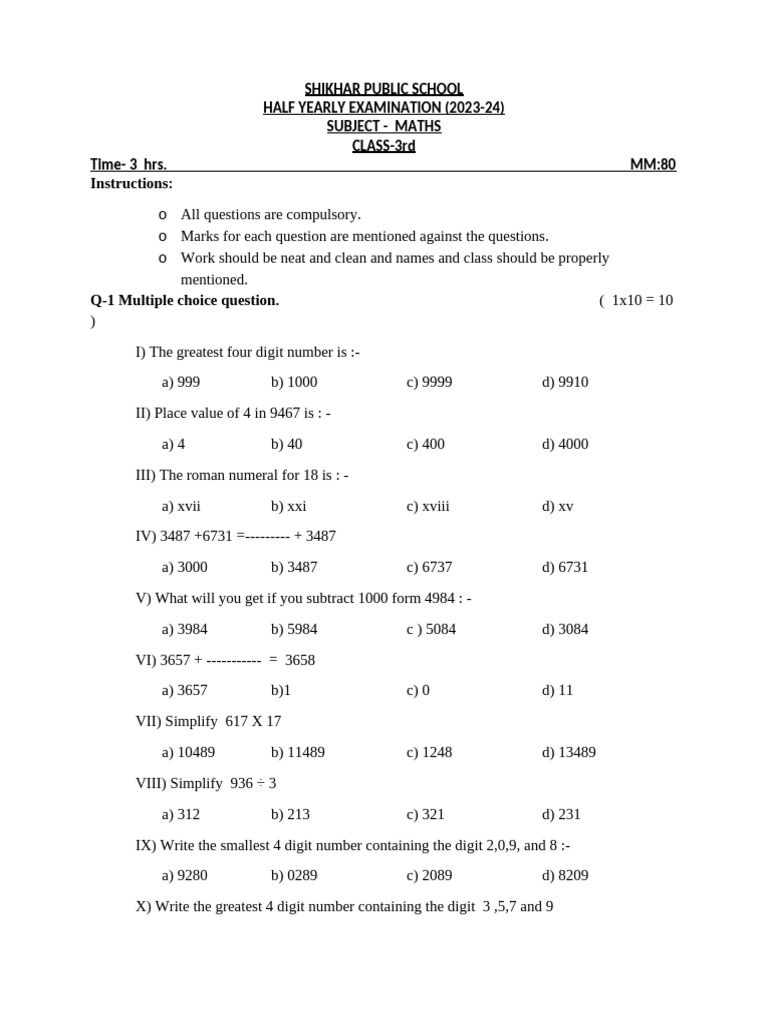 Class 3rd Maths Half Yearly Exam | PDF | Arithmetic | Mathematics