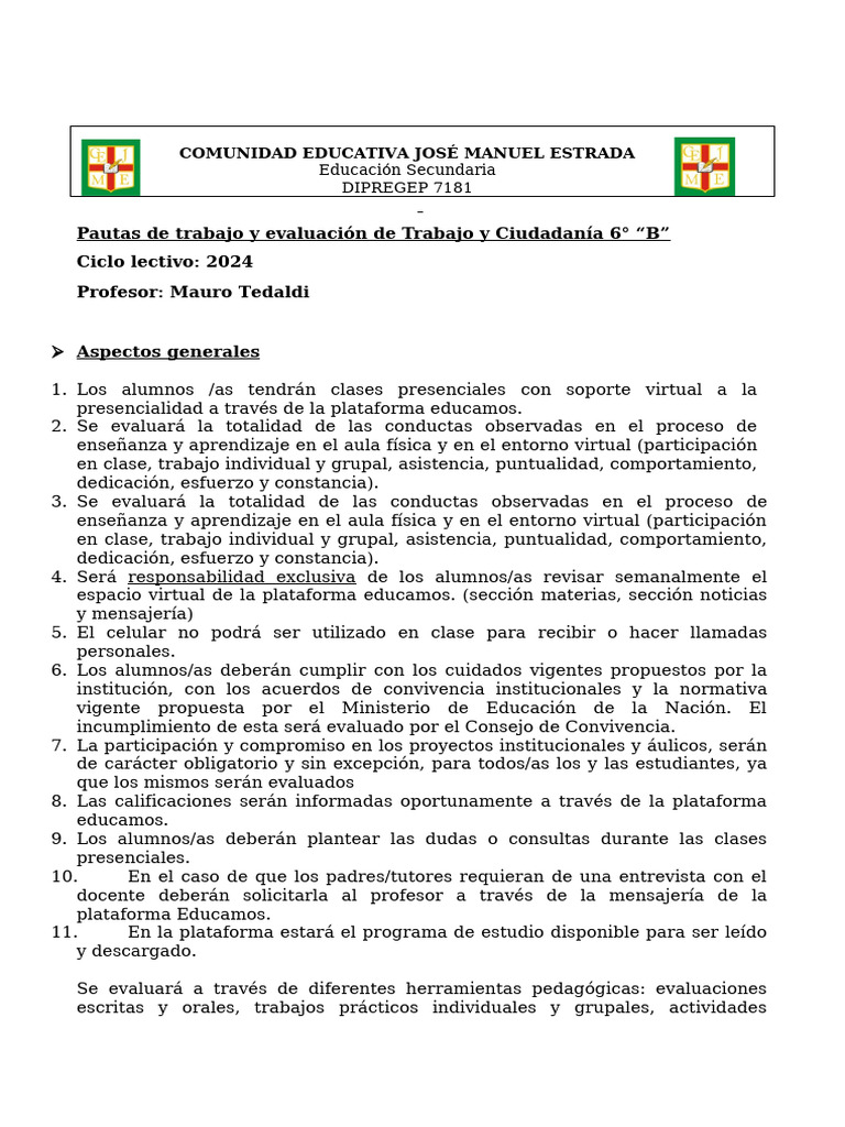 Pautas de Trabajo y Evaluaciã N de TYC 6Â°B-2024 | PDF | Salón de clases | Maestros