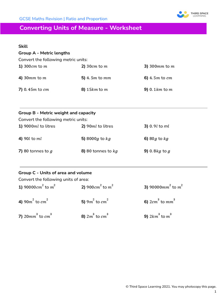 Third Space Learning Converting Units of Measure GCSE Worksheet | PDF ...