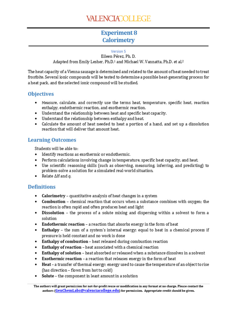 1045 Exp8 Calorimetry | PDF | Heat | Enthalpy