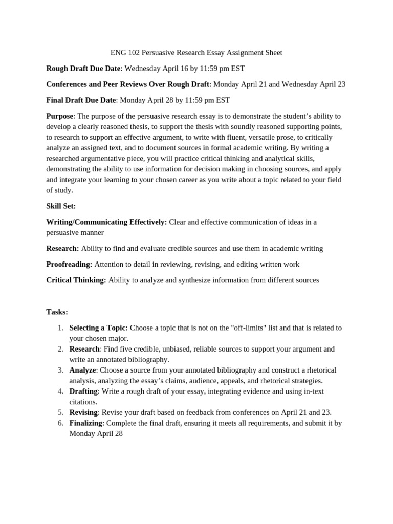 ENG 102 Argumentative Essay Assignment Sheet Spring 2025 (1) | PDF ...