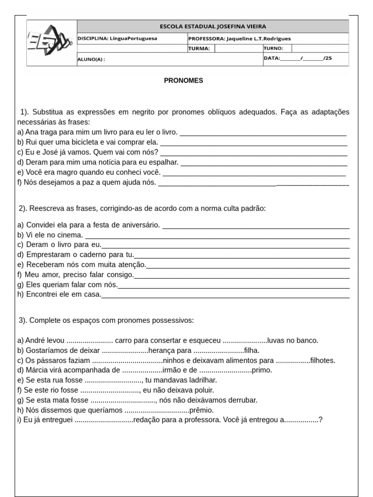 Pronomes: Exercícios e Correções | PDF | Pronome