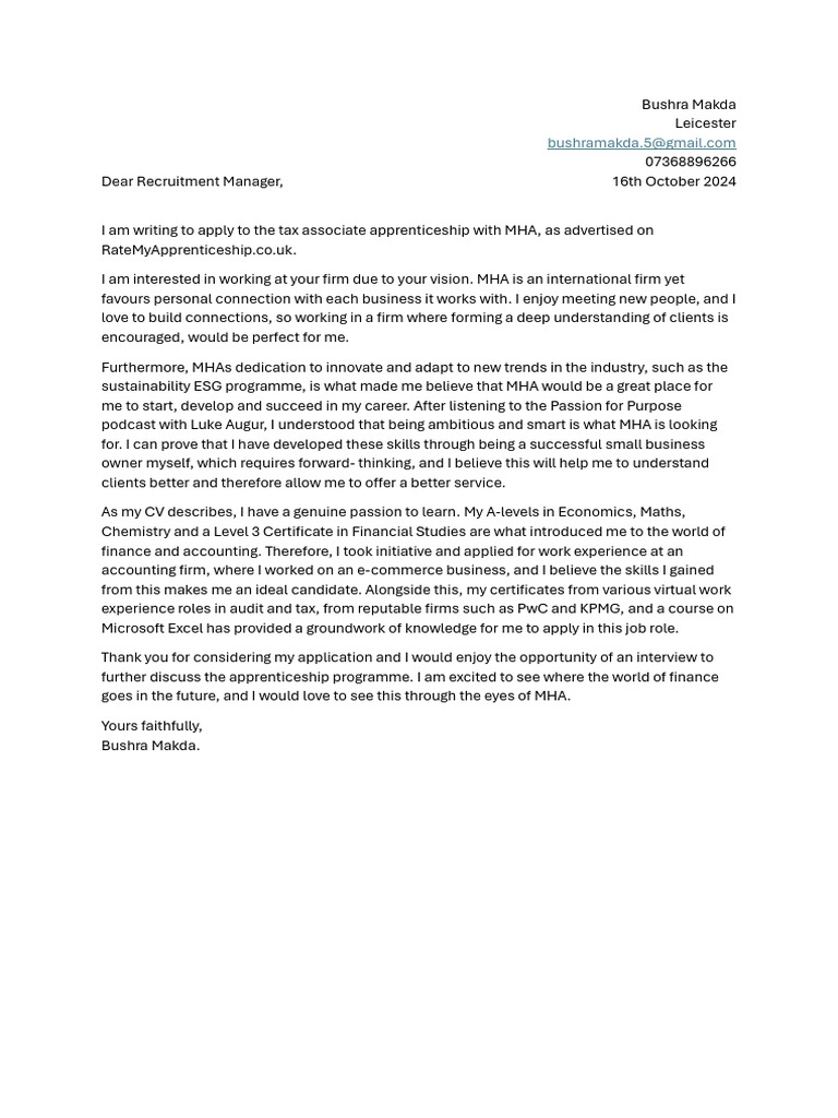 Cover Letter - MHA - Bushra Makda | PDF