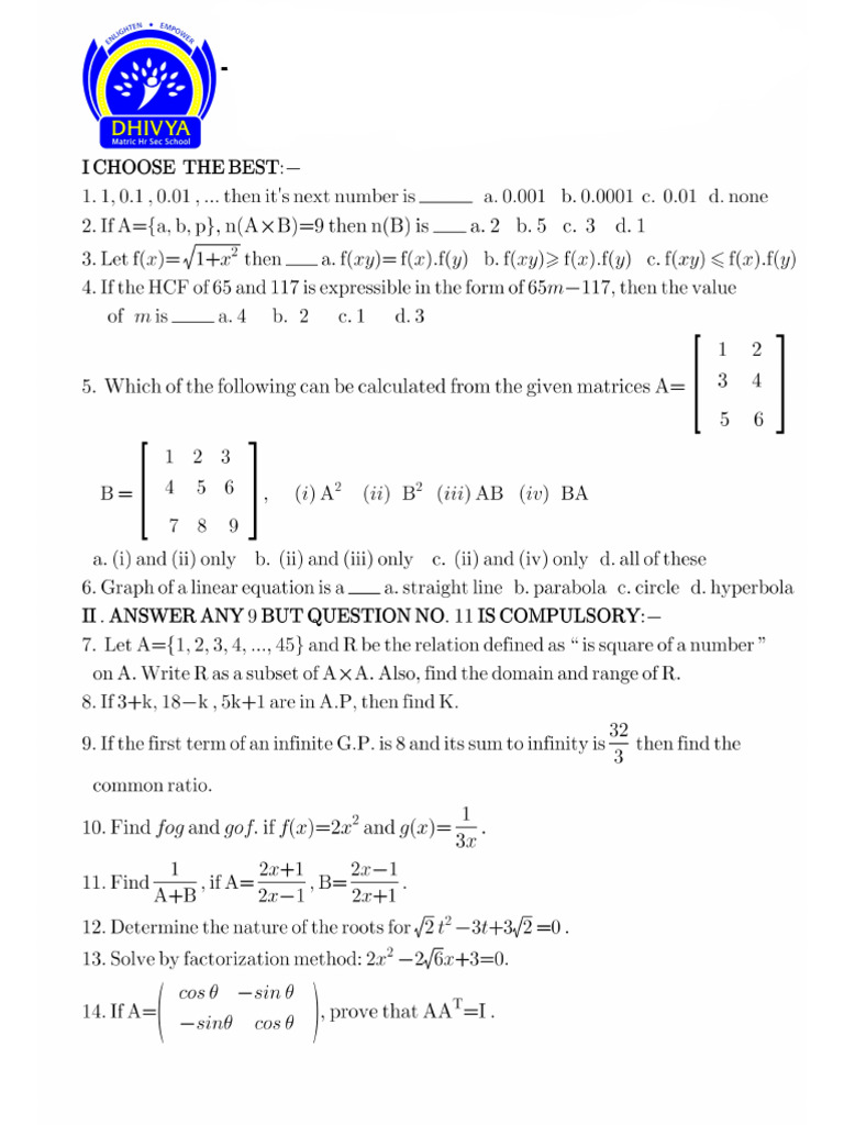 12th Maths EM Unit 1 3 Model Question Paper English Medium PDF Download ...