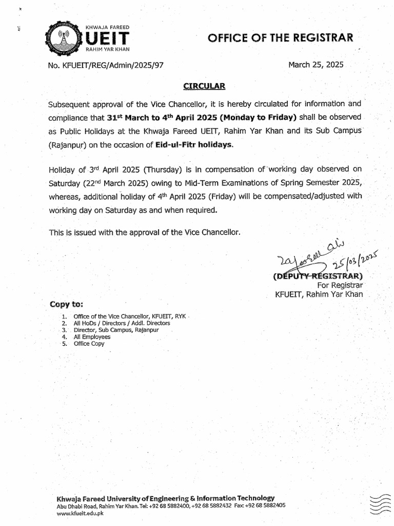 Circular Holidays On Eid Ul Firtr 2025 | PDF