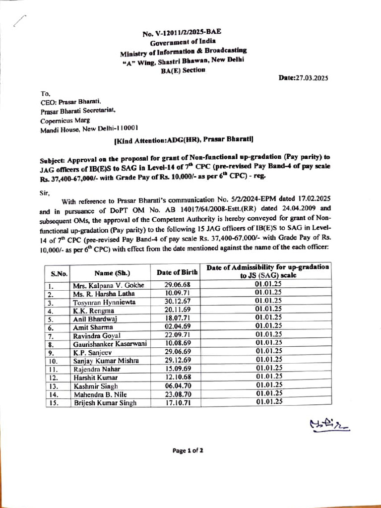 Approval for JAG Officers' Pay Upgradation | PDF | Economy Of India ...