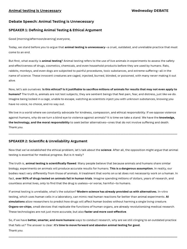 Animal testing is Unecessary Wednesday DEBATE Debate Speech Animal ...