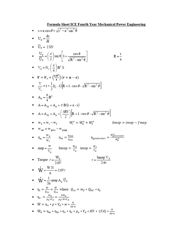 Formula Sheet Equations ICE CU | PDF | Fluid Dynamics | Applied And ...