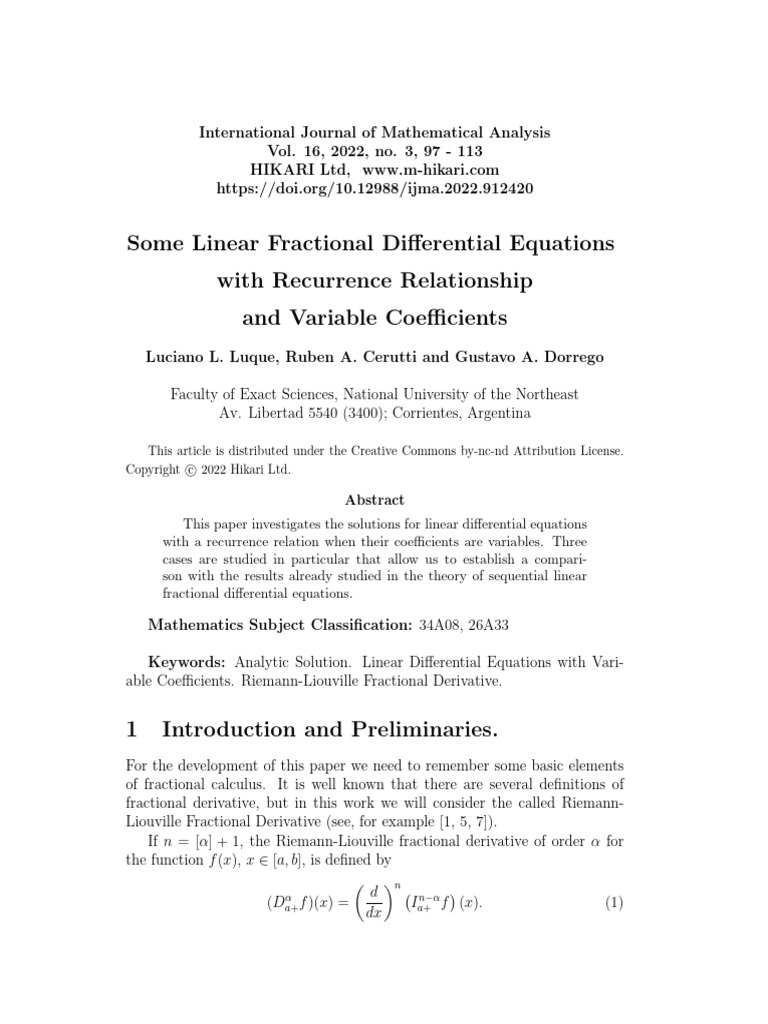 Some Linear Fractional Differential Equa | PDF | Ordinary Differential Equation | Equations