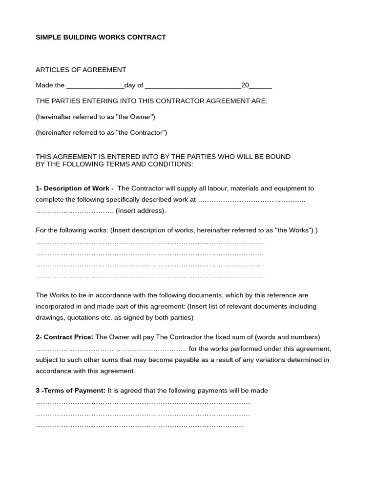Simple Building Works Contract Template | PDF | Damages | Mediation