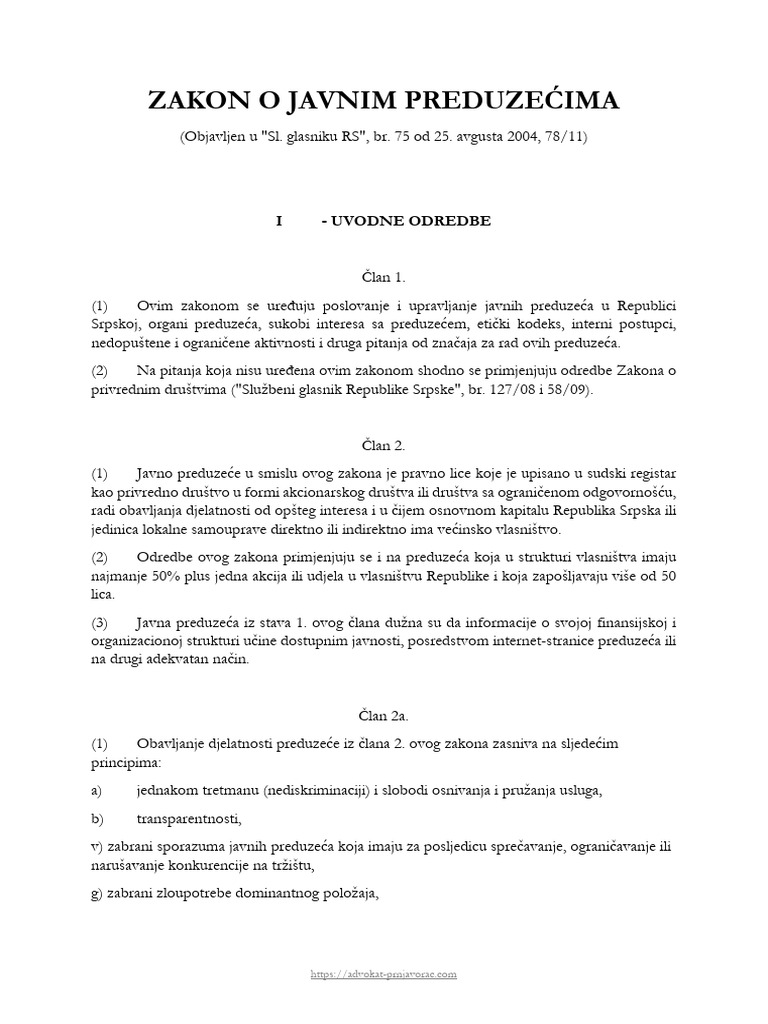 Zakon o Javnim Preduzecima Republike Srpske | PDF