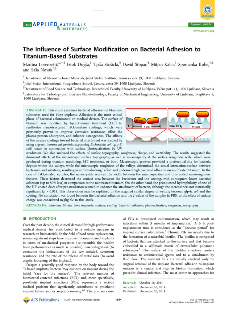 Stopar Et Al 2015 The Influence of Surface Modification On Bacterial Adhesion To Titanium Based ...