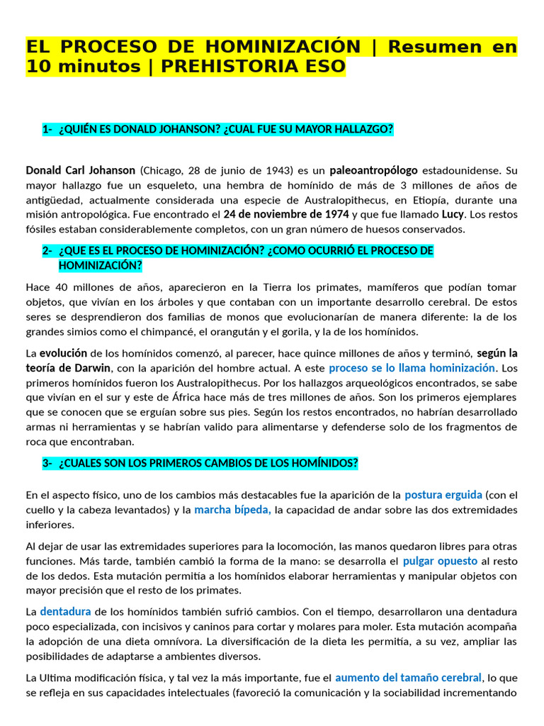 EL PROCESO DE HOMINIZACIÓN | PDF | Homo | Lucy (Australopithecus)