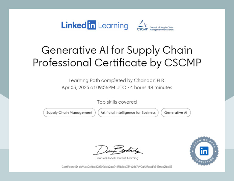 CertificateOfCompletion - Generative AI For Supply Chain Professional Certificate by CSCMP | PDF
