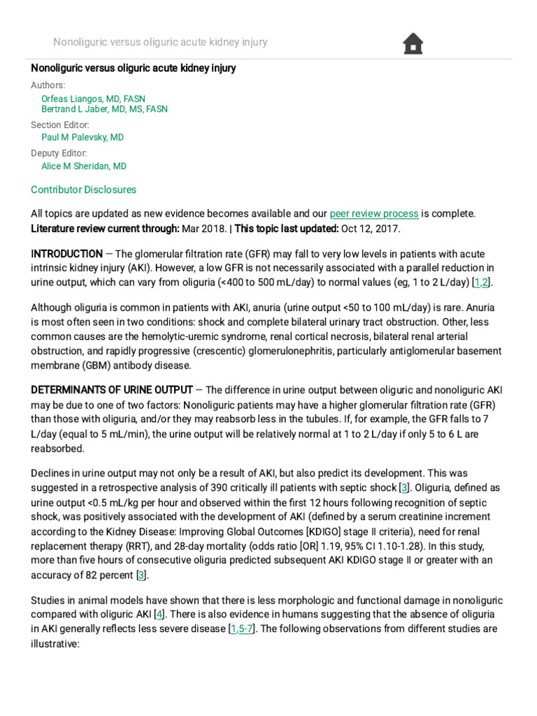 Nonoliguric Versus Oliguric Acute Kidney Injury | PDF | Urology | Abdomen