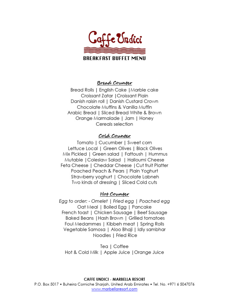 Caffe Undici Breakfast Buffet Menu | PDF