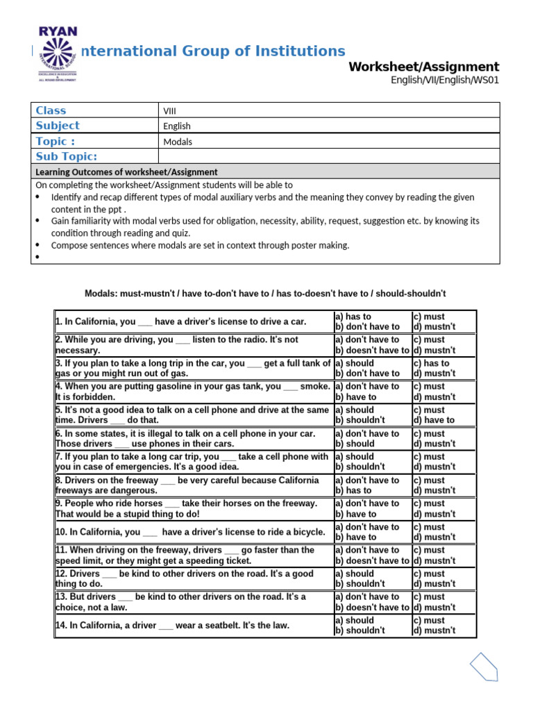 Worksheet 2 - Modals | PDF | Linguistics | Grammar