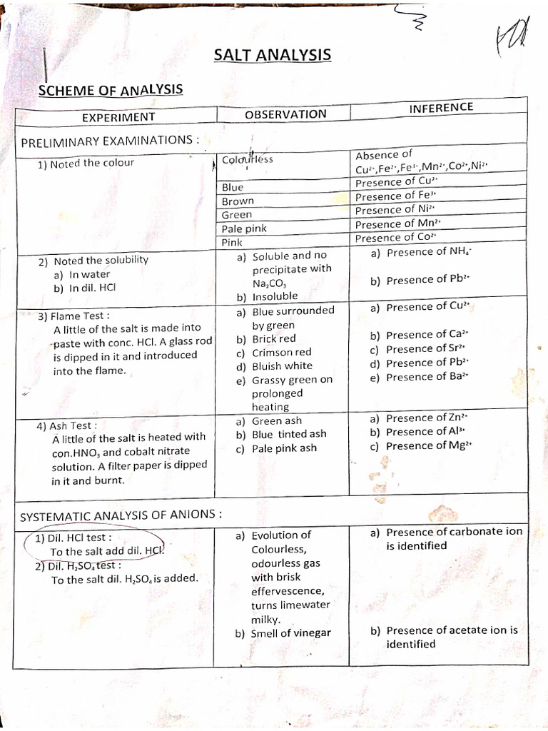 Salt Analysis Class 11 and 12 | PDF