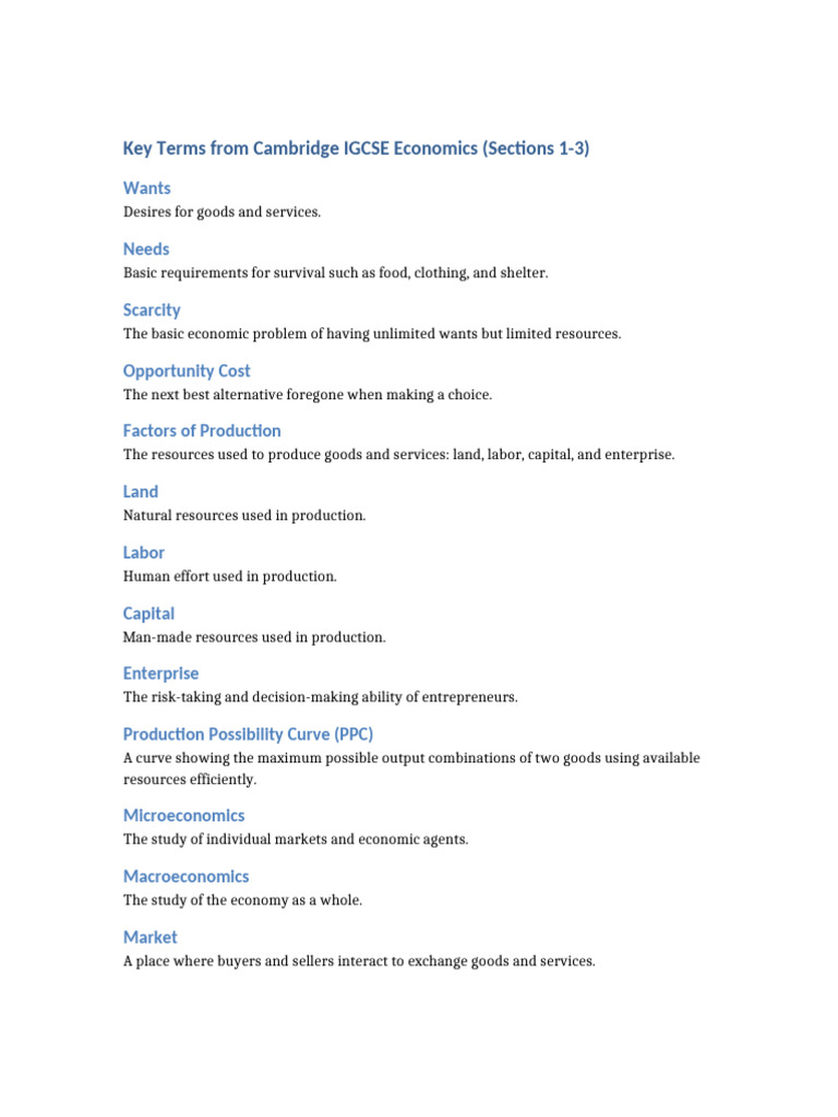 Key Terms IGCSE Economics Sections 1 3 | PDF | Market (Economics) | Prices