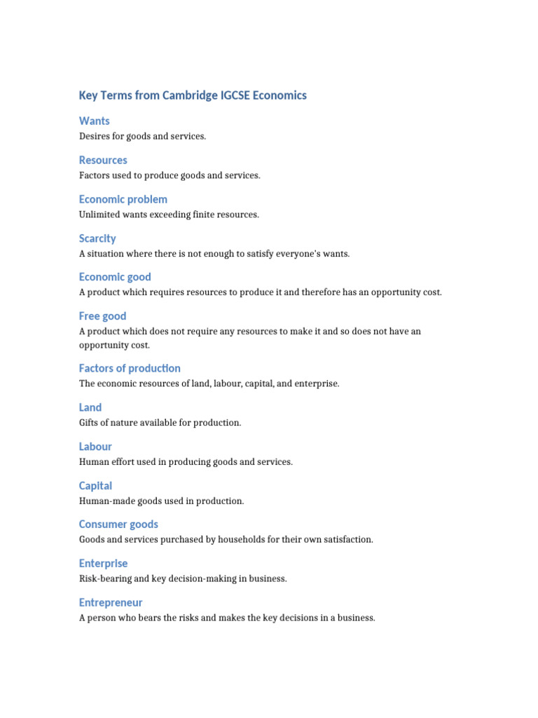Key_Terms_IGCSE_Economics_Updated | PDF | Prices | Market (Economics)