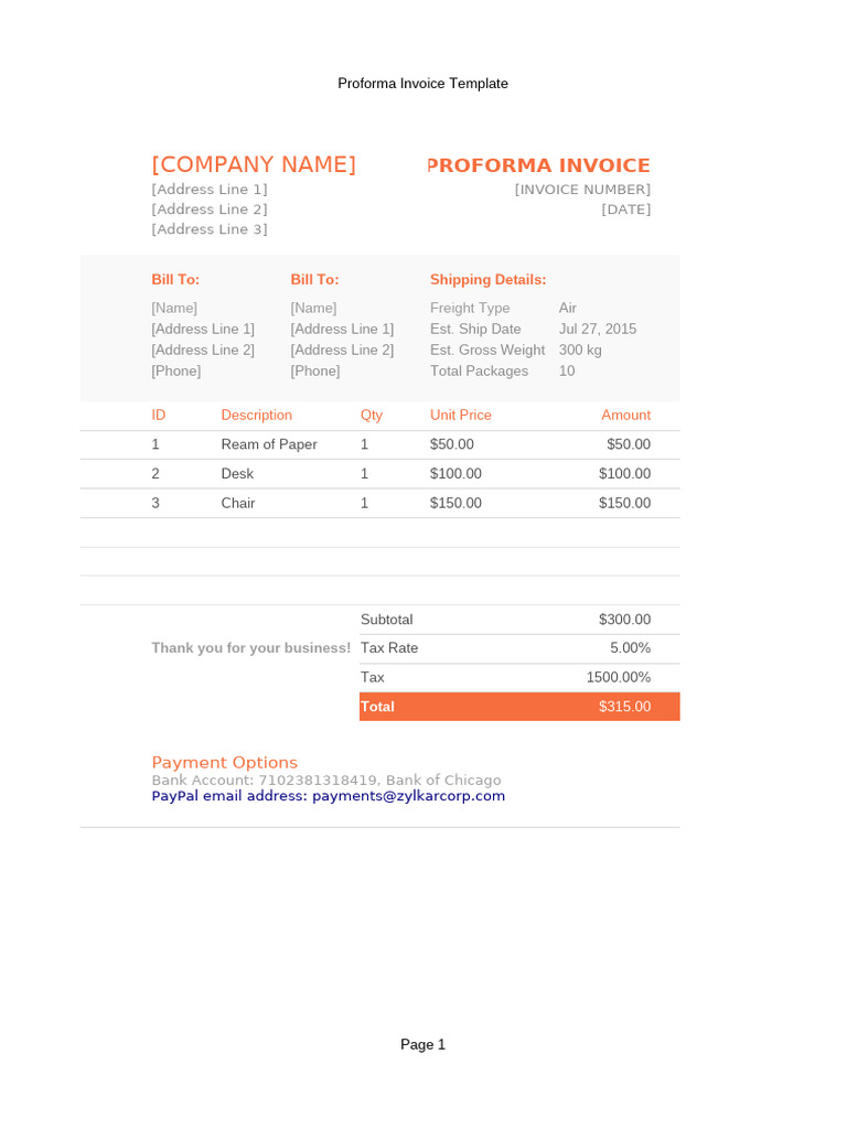 Proforma Invoice Template Example | PDF