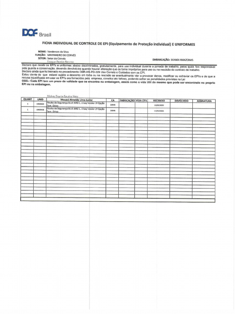 Fichas de EPI - Skandi Amazonas | PDF