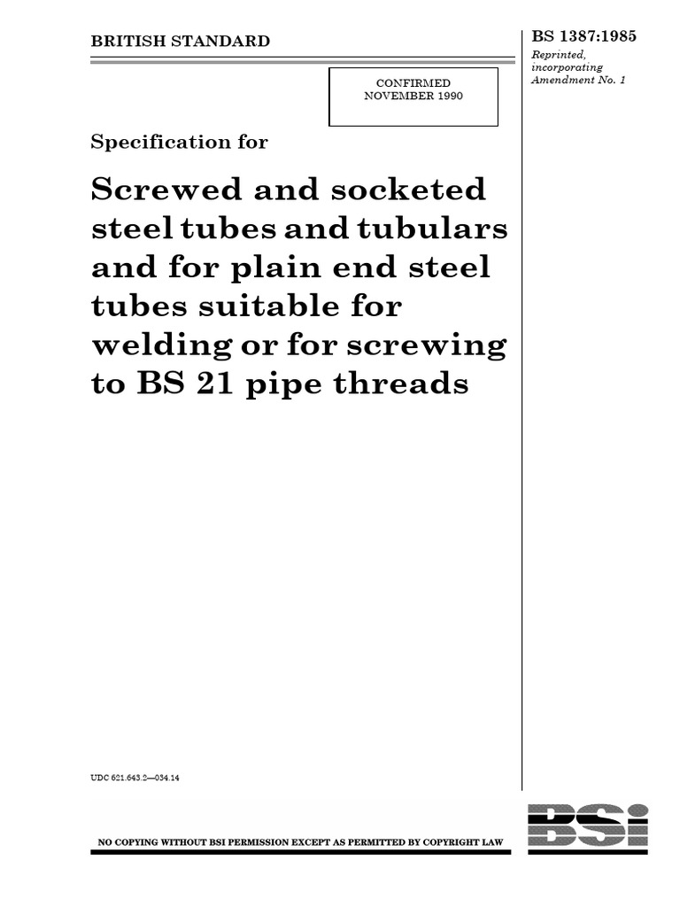 BS 1387 1985 Specification for Screwed and socketed steel tubes and ...