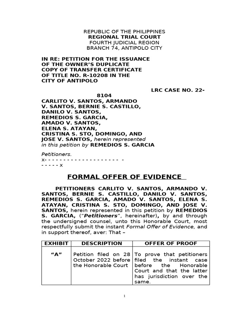 Formal Offer of Evidence Sample | PDF | Public Law | Common Law