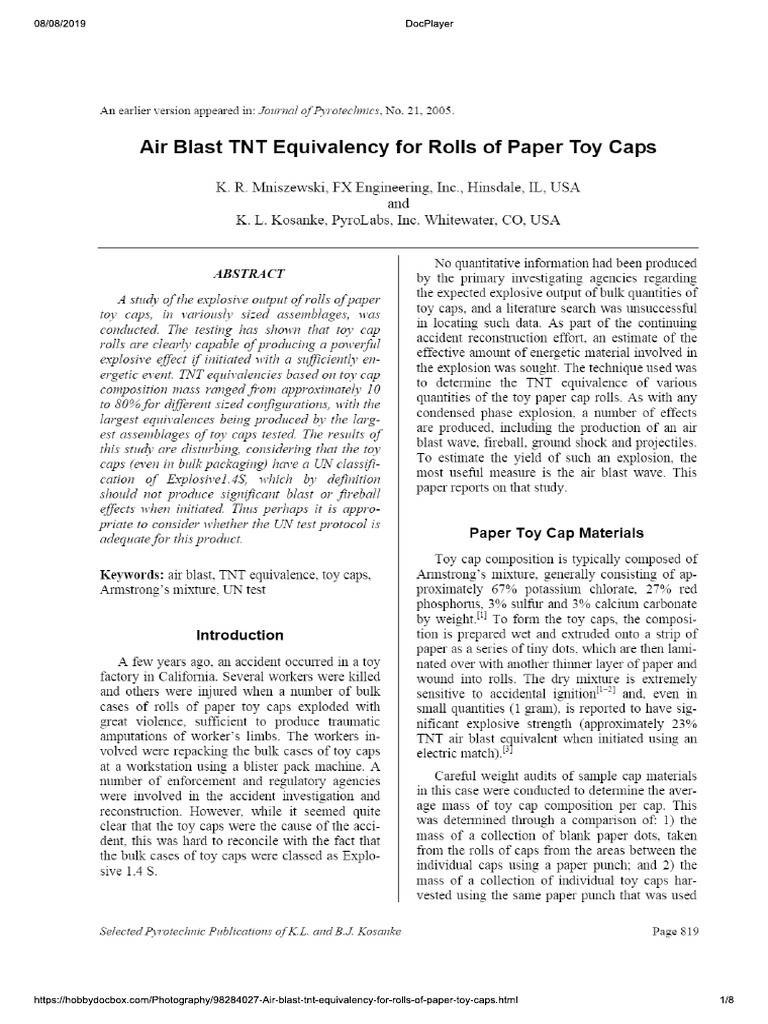 Air Blast TNT Equivalency For Rolls of Paper Toy Caps PDF | PDF
