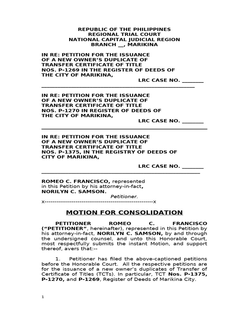 Motion For Consolidation Sample | PDF