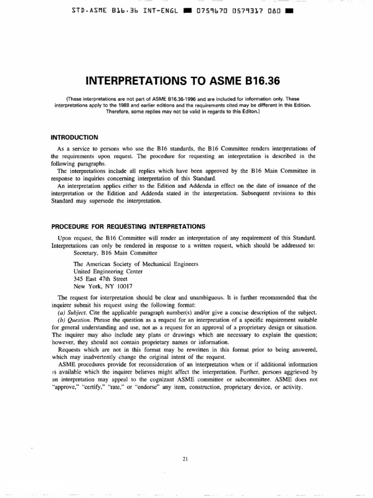 ASME B16 Interpretations Guide | PDF | Pipe (Fluid Conveyance ...