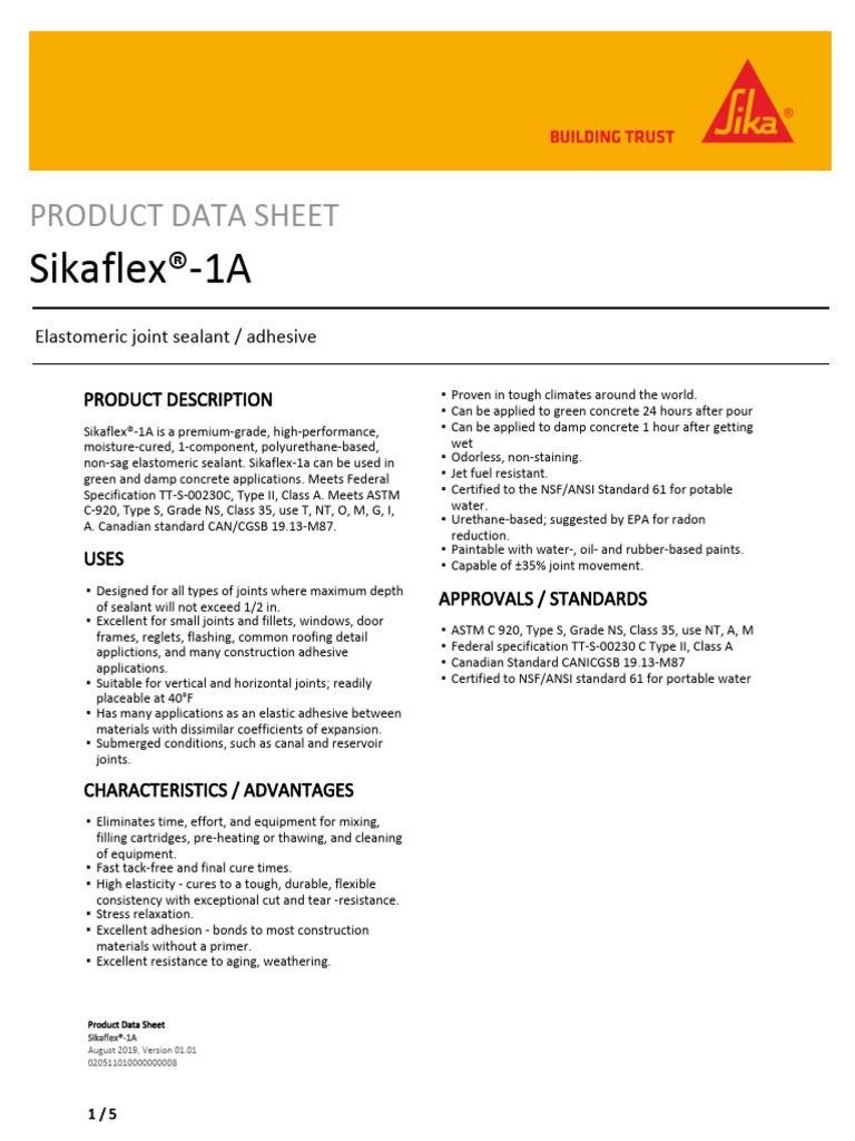 SikaFlex 1A Product Data Sheet | PDF | Concrete | Water