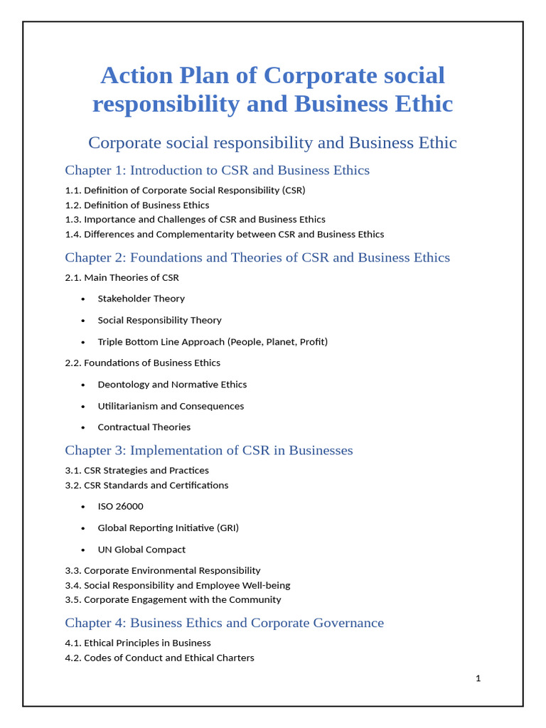 Action Plan of Corporate Social Responsibility and Business Ethic | PDF
