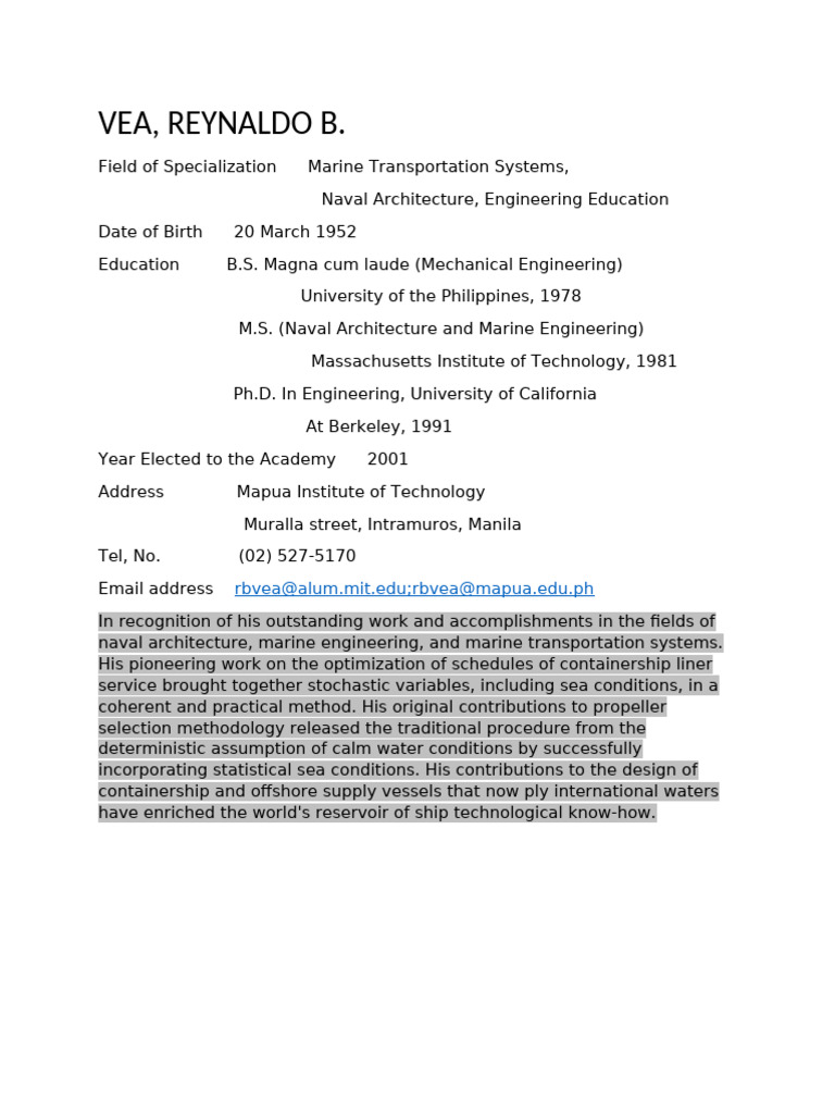 Vea, Reynaldo B.: Rbvea@alum - Mit.edu Rbvea@mapua - Edu.ph | PDF