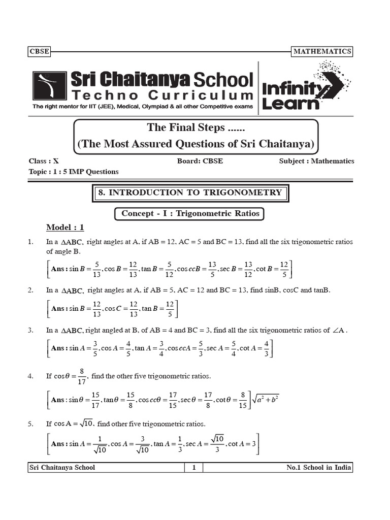 Class 10 Trigonometry Key Questions | PDF | Trigonometry | Angle