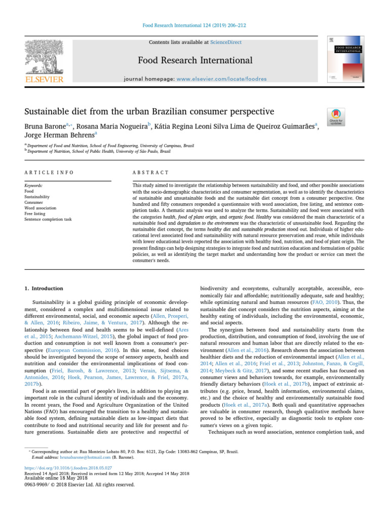 Sustainable Diet From The Urban Brazilian Consumer Perspective | PDF ...