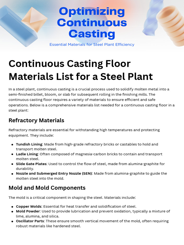Continuous Casting Floor Materials List For A Steel Plant - 20250404 ...