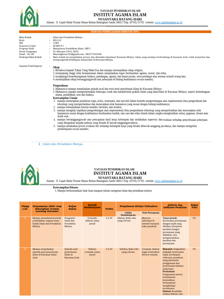 RPS Islam dan peradaban melayu IAI-NUS | PDF